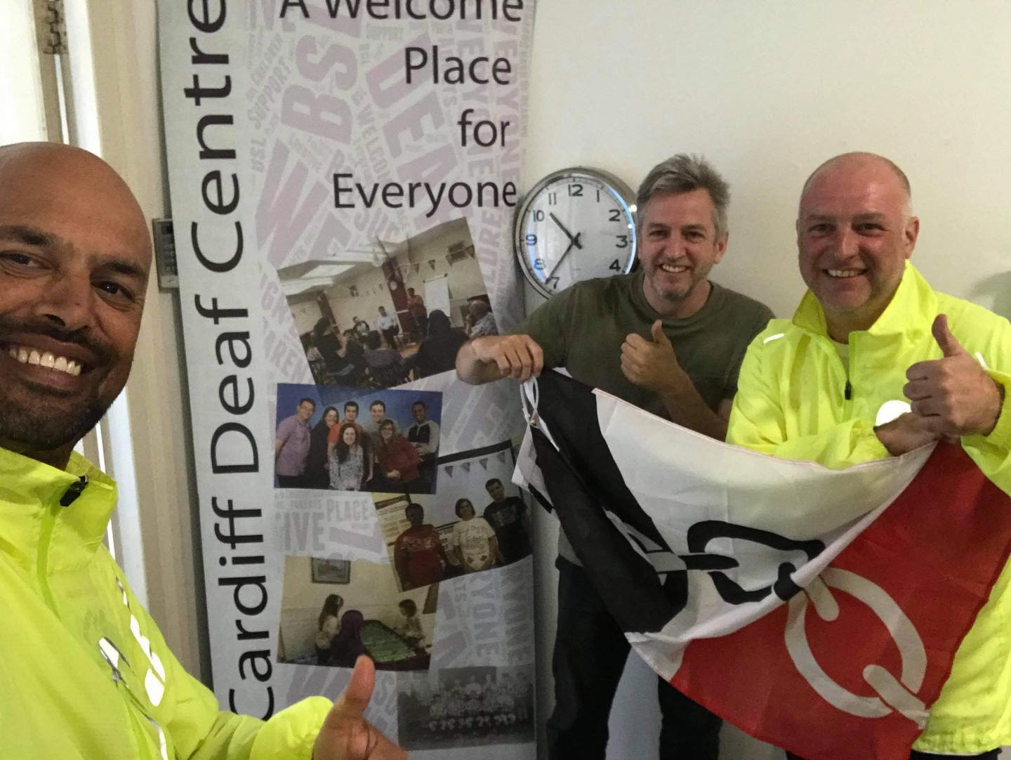 Deafscope tandem cyclists arrive at Deaf Hub (Wales) Cardiff as part of an 850 mile fundraising ...